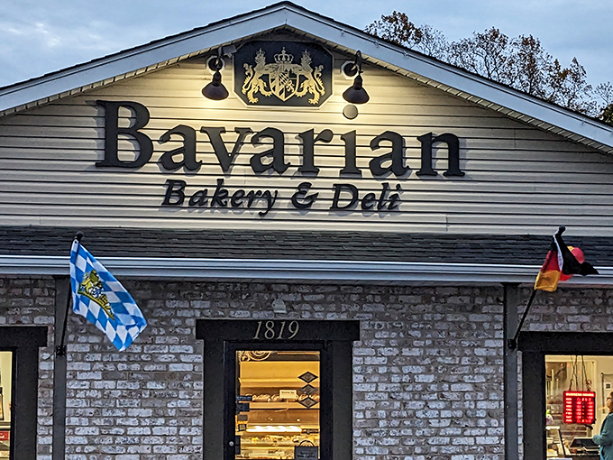 The Bavarian dream awaits! This charming stone-faced building with its distinctive flags and royal crest promises authentic German delights inside.
