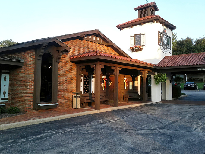 The Bavarian-style exterior of Schnitzelbank isn't just architectural flair&mdash;it's your first clue that authentic German goodness awaits inside. The clock tower practically screams "time for pretzels!"