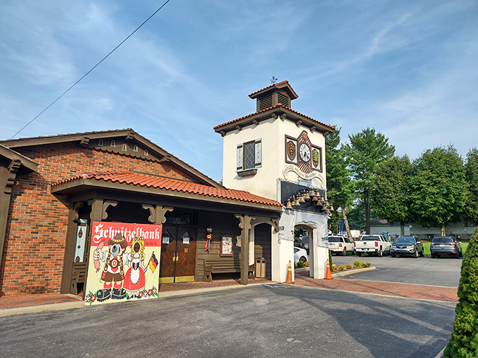The Bavarian-style exterior of Schnitzelbank isn't just architectural flair&mdash;it's your first clue that authentic German goodness awaits inside. The clock tower practically screams "time for pretzels!"