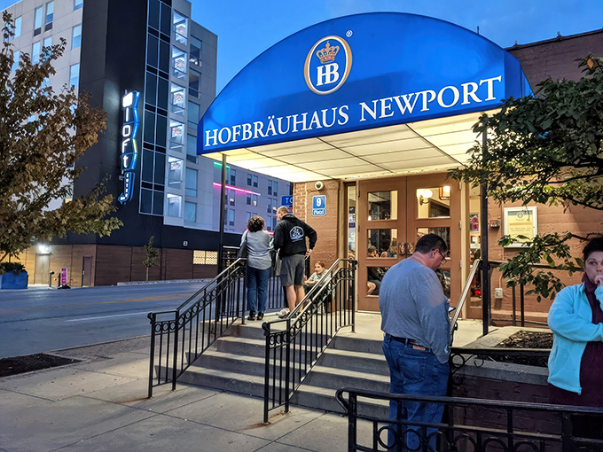 The brick facade of Hofbr&auml;uhaus Newport stands proud, like a Bavarian ambassador that somehow landed in Kentucky with all its German dignity intact.