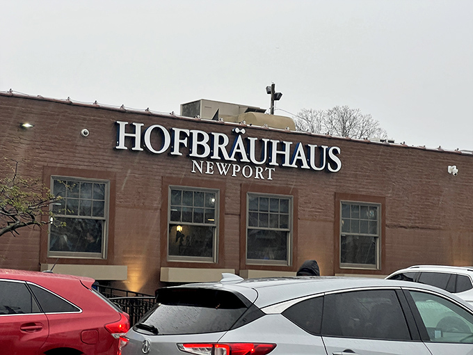 The brick facade of Hofbr&auml;uhaus Newport stands proud, like a Bavarian ambassador that somehow landed in Kentucky with all its German dignity intact.