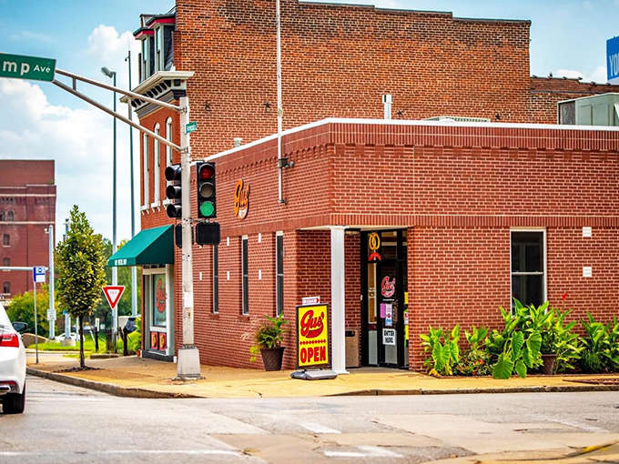 The unassuming brick exterior of Gus' Pretzel Shop stands like a carb-lover's Fortress of Solitude, quietly promising twisted delights within.