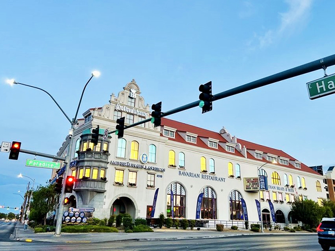 The imposing fa&ccedil;ade of Hofbr&auml;uhaus Las Vegas stands like a Bavarian embassy in the desert, promising authentic German delights within.