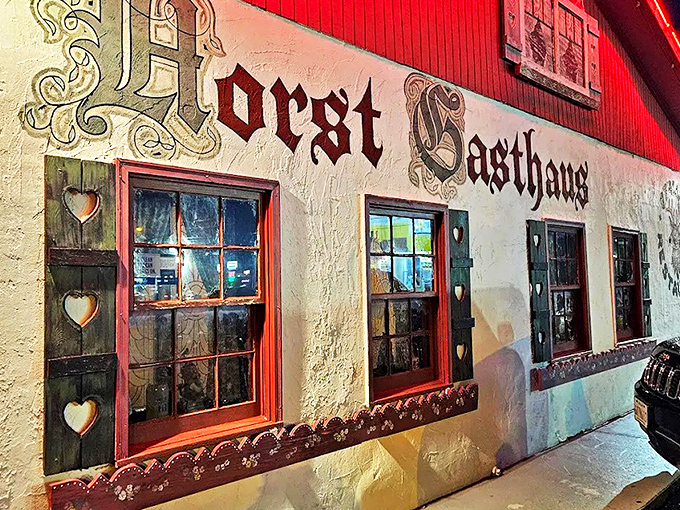 The red-trimmed fa&ccedil;ade of Horst Gasthaus stands out like a lederhosen at a beach party, complete with "Willkommen" sign inviting hungry travelers inside.