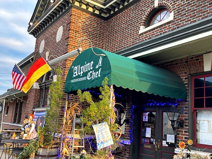 The Alpine Chef's charming brick exterior with its signature green awning feels like stumbling upon a secret portal to Bavaria in downtown Fredericksburg.