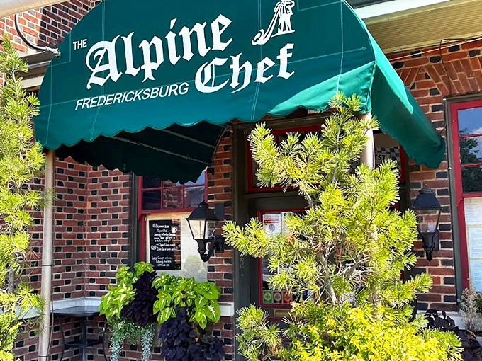 The Alpine Chef's charming brick exterior with its signature green awning feels like stumbling upon a secret portal to Bavaria in downtown Fredericksburg.