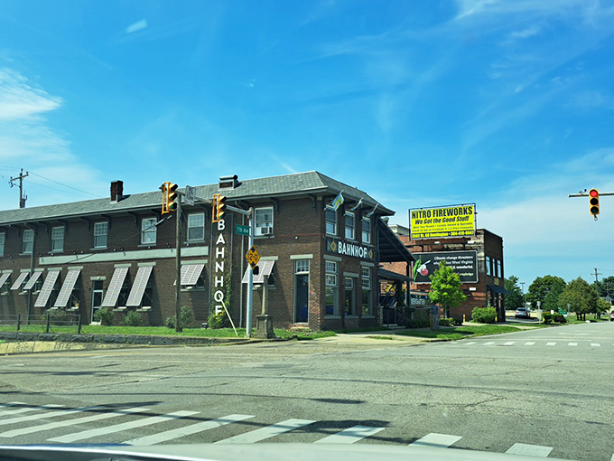 The brick facade of Bahnhof WVrsthaus & Biergarten stands proudly in Huntington, with that giant pretzel sculpture practically winking at hungry passersby.