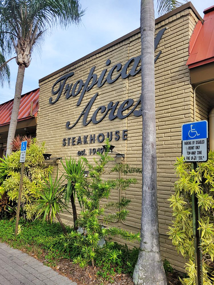 The iconic white brick fa&ccedil;ade of Tropical Acres glows invitingly at night, palm trees standing guard like old friends welcoming you home.