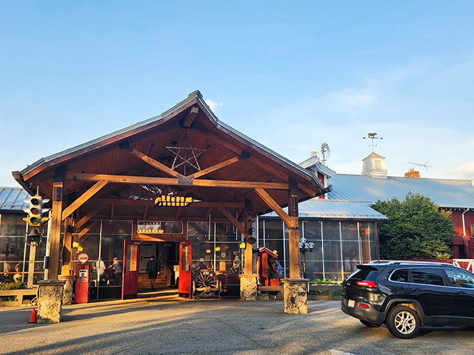 The iconic red exterior of Angus Barn welcomes hungry pilgrims like a carnivore's North Star guiding them home to beef paradise. 