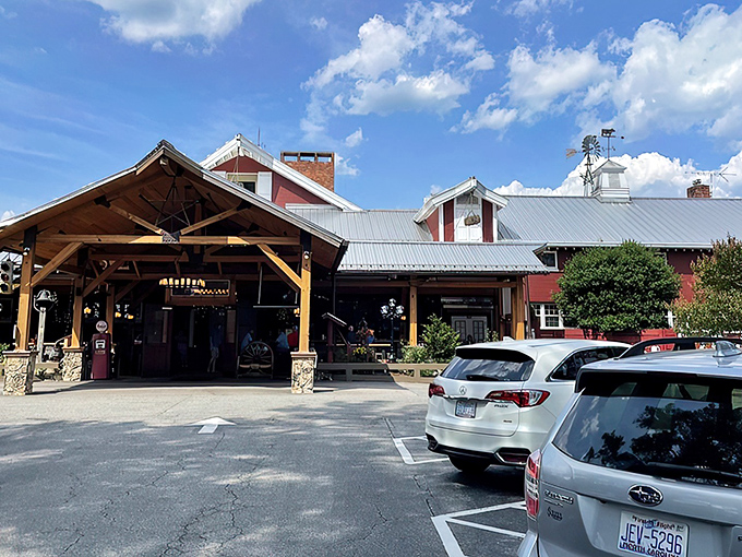 The iconic red exterior of Angus Barn welcomes hungry pilgrims like a carnivore's North Star guiding them home to beef paradise.