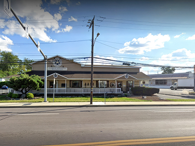 The Western frontier meets Pennsylvania charm at Dodge City's inviting exterior. That wide front porch practically whispers, "Come on in, partner, your steak awaits." 