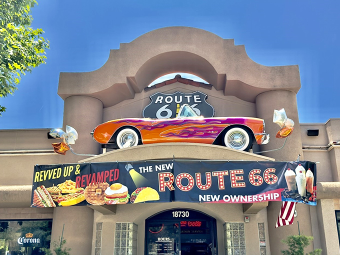 That classic Chevy perched atop the entrance isn't just decoration&mdash;it's a time machine disguised as architecture. Welcome to nostalgia central!