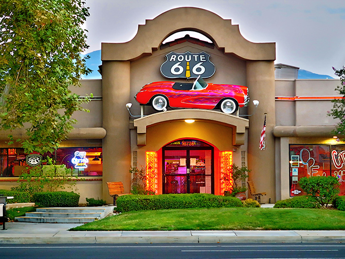 That classic Chevy perched atop the entrance isn't just decoration&mdash;it's a time machine disguised as architecture. Welcome to nostalgia central!