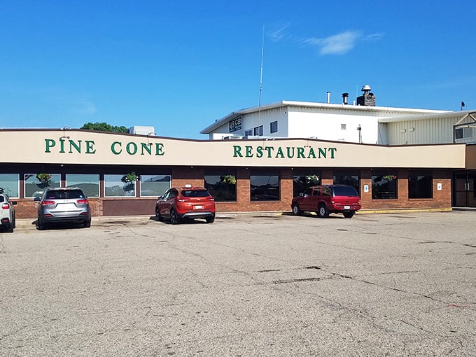 The unassuming exterior of Pine Cone Restaurant stands like a beacon for hungry travelers. Wisconsin roadside dining at its most authentic.