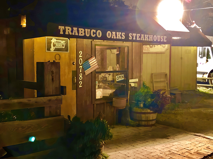 The wooden facade of Trabuco Oaks Steakhouse welcomes you like an old friend, complete with rustic charm and the promise of carnivorous delights ahead.