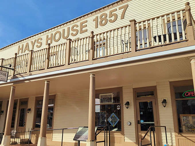 The historic fa&ccedil;ade of Hays House 1857 stands proudly in Council Grove, a time capsule of frontier hospitality that's witnessed more than a century and a half of American history.