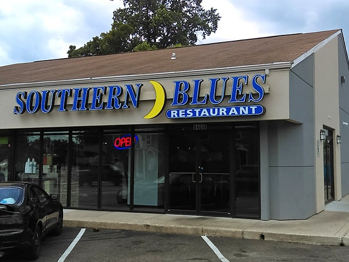The unassuming storefront of Southern Blues beckons hungry travelers with its bright blue sign &ndash; proof that culinary treasures often hide in plain sight.