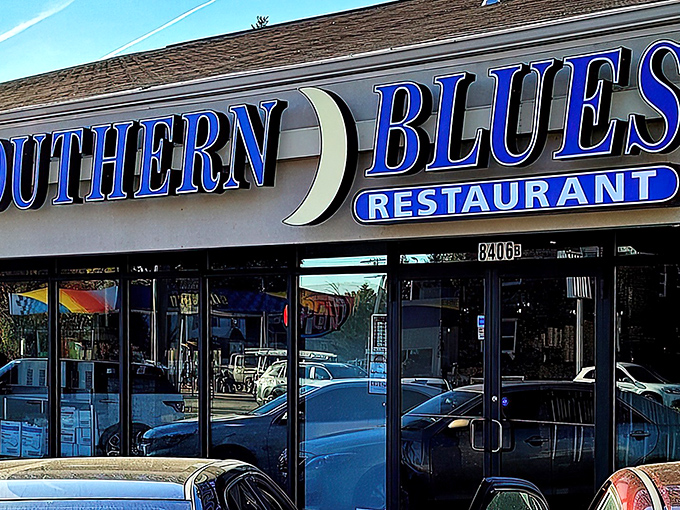 The unassuming storefront of Southern Blues beckons hungry travelers with its bright blue sign &ndash; proof that culinary treasures often hide in plain sight.