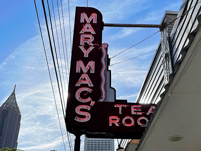 That iconic neon sign beckons like a lighthouse for hungry souls navigating Atlanta's culinary landscape. Southern comfort awaits inside.