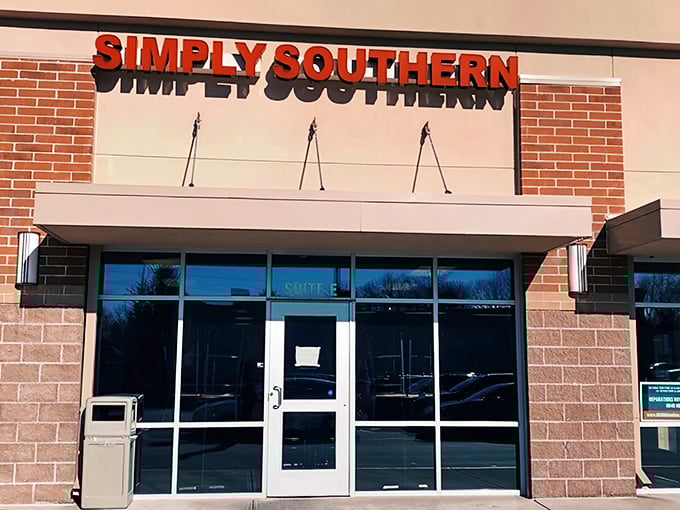 The bold red "SIMPLY SOUTHERN" sign beckons like a lighthouse for hungry souls wandering the Indianapolis suburbs. Southern comfort awaits inside this unassuming strip mall treasure.