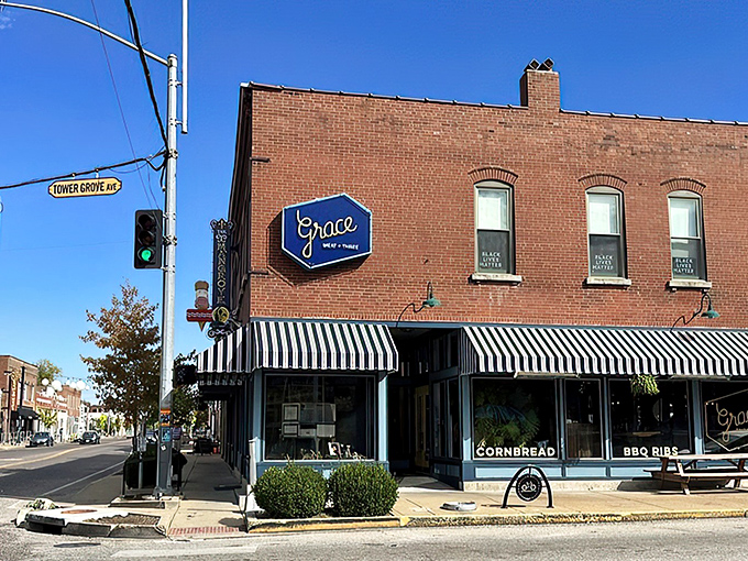 Gold script against blue windows announces "Grace" like an elegant invitation from a Southern friend who knows how to cook.