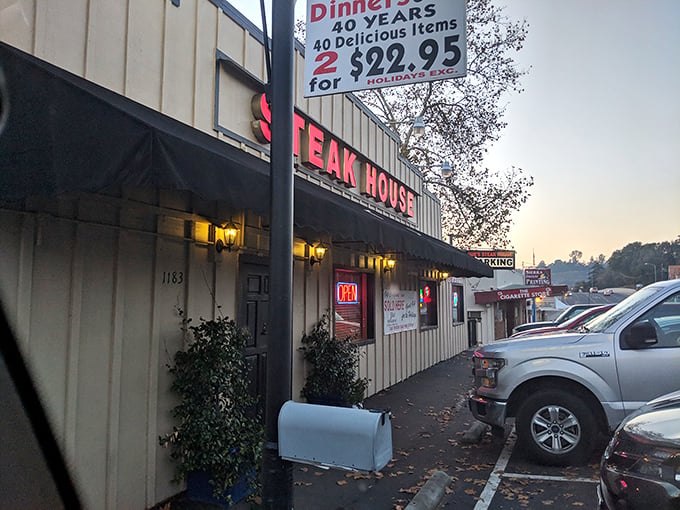 The bold red lettering against the golden exterior isn't just signage—it's a beacon for carnivores, promising salvation from mediocre meals.