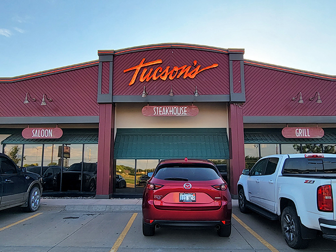 The unmistakable red exterior of Tucson's beckons like a beacon for beef lovers. Western charm meets Midwest hospitality at this Salina staple.