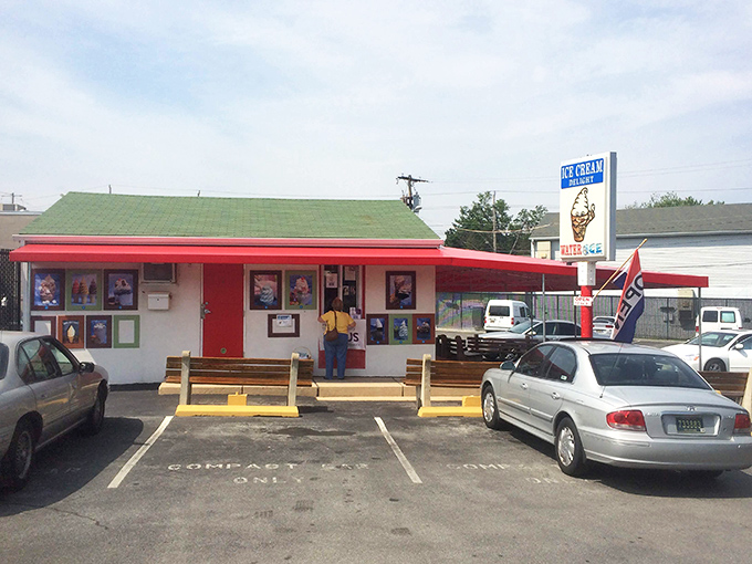 The classic roadside ice cream stand lives on! Ice Cream Delight's vintage sign and red awning promise sweet relief from Delaware's summer heat.