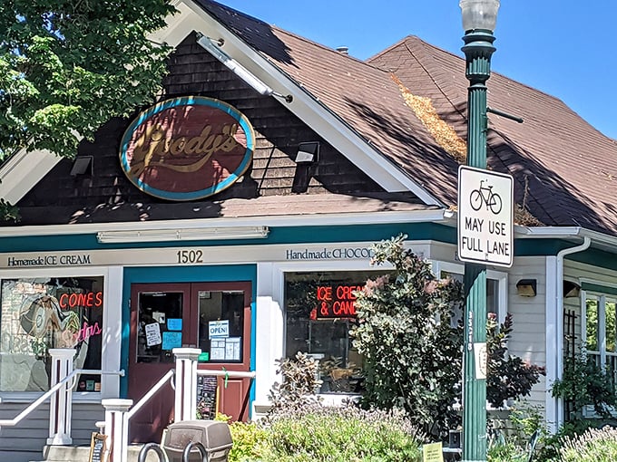 The storybook charm of Goody's exterior beckons like a sweet childhood memory come to life. Homemade ice cream awaits inside this quaint cottage.