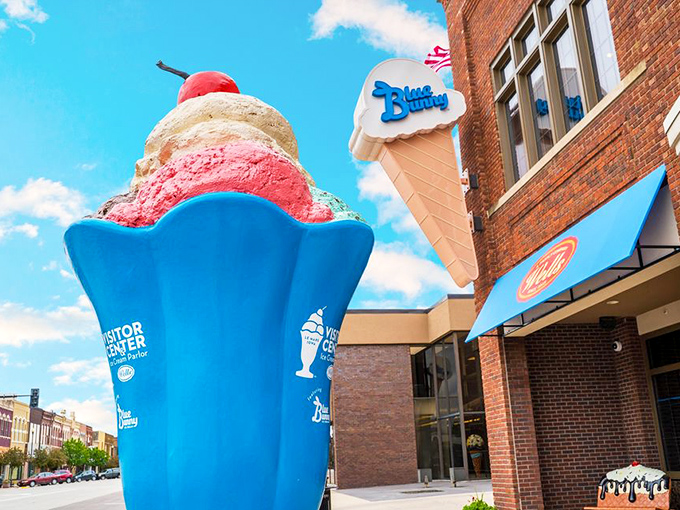 The brick fa&ccedil;ade of Wells Visitor Center stands proudly in downtown Le Mars, with that giant ice cream cone sculpture practically winking at passersby.