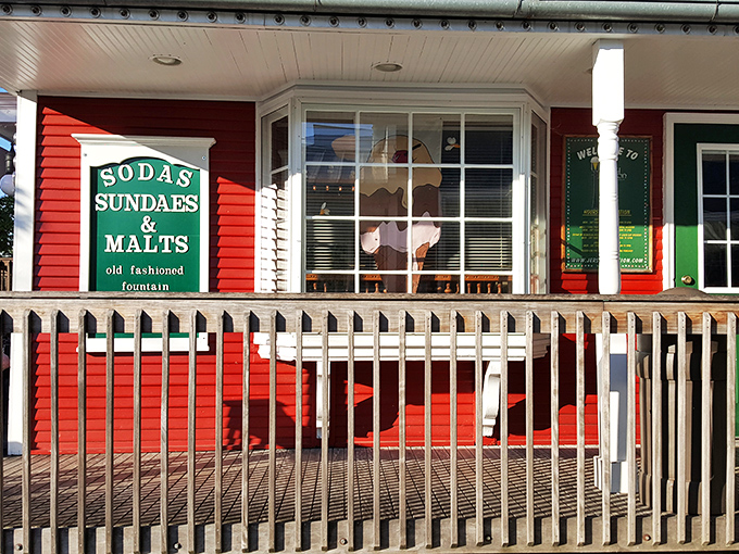 The red clapboard exterior of Jersey Junction glows like a beacon of sweetness against the evening sky, promising frozen happiness within.