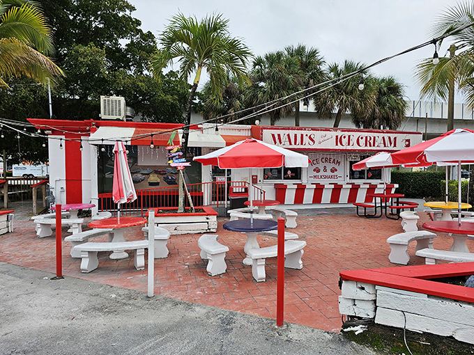 The classic red and white exterior of Wall's beckons like a sweet mirage under swaying palms, promising frozen salvation from Miami's relentless sunshine.