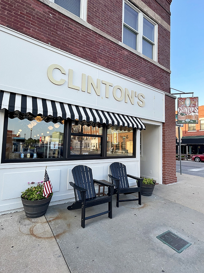 The classic storefront beckons with its vintage charm&mdash;Clinton's iconic awning and cozy outdoor seating invite you to step back in time on Independence Square. 
