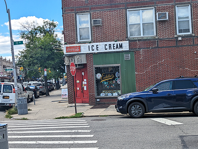 That classic red door and vintage "SODA" sign whisper promises of frozen happiness waiting inside.