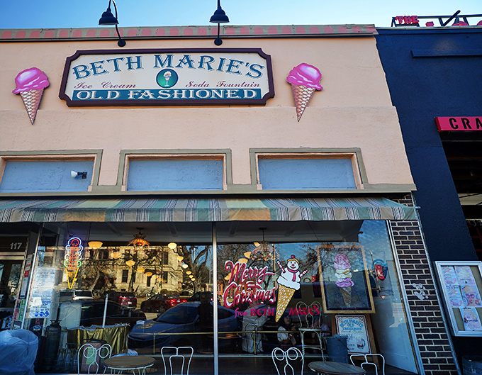 The mint-green facade with those iconic ice cream cone signs is like a beacon of sweetness on Denton's historic square.