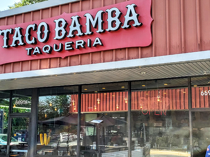 The coral-colored beacon of taco paradise beckons from its strip mall home. No fancy frills needed when what's inside changes lives one tortilla at a time.