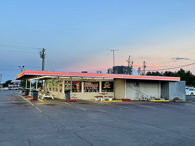 The iconic red sign beckons hungry travelers like a neon lighthouse. Snow White Drive In has been Lebanon's comfort food beacon since the Eisenhower administration.