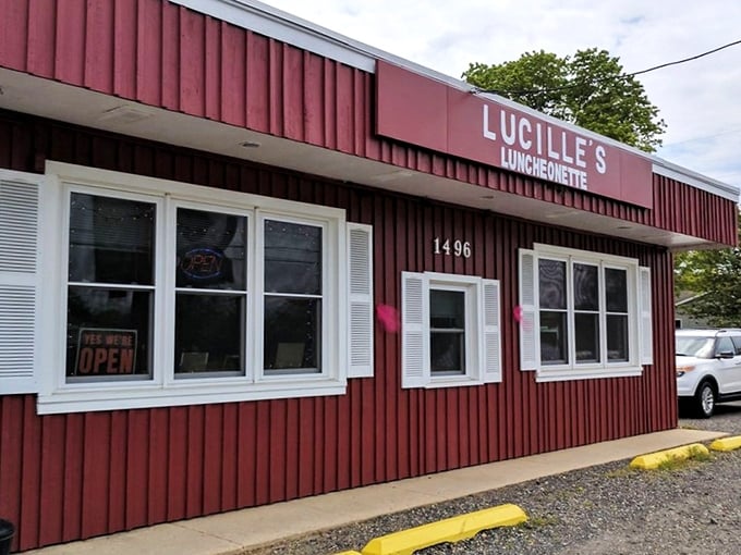 The brick-red exterior of Lucille's stands like a delicious mirage in the Pine Barrens, promising comfort food salvation to hungry travelers and locals alike.