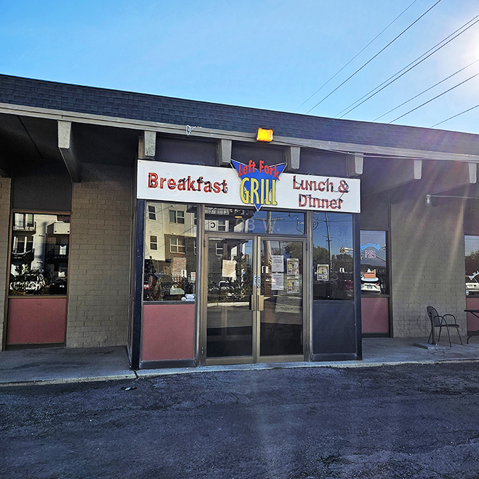 The unassuming exterior of Left Fork Grill proves once again that the best breakfast joints don't need fancy facades&mdash;just the promise of what awaits inside.