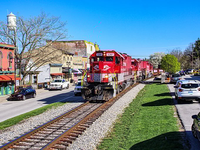The quintessential small-town moment: a bright red locomotive rumbling past historic storefronts. Midway's railroad heritage isn't just preserved&mdash;it's still very much alive!