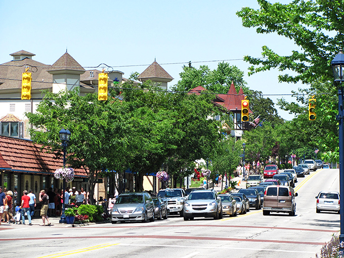 Main Street Frankenmuth looks like someone shrink-wrapped a Bavarian village and dropped it in the Michigan countryside. Those flags aren't just for show—they're waving "willkommen!"