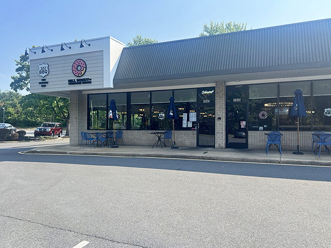 The unassuming exterior of Hill Donut Co & Pancake House – where breakfast dreams come true and diet plans go to gloriously die.
