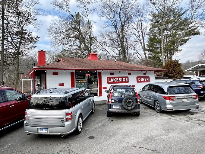 The classic red-and-white exterior of Lakeside Diner stands like a beacon of breakfast hope in Stamford, complete with packed parking lot &ndash; always a good sign.