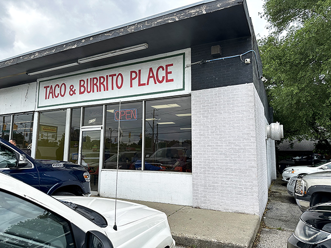 The architectural equivalent of "I'm here for the food, not the frills." Taco & Burrito Place announces its straightforward mission with no-nonsense signage.