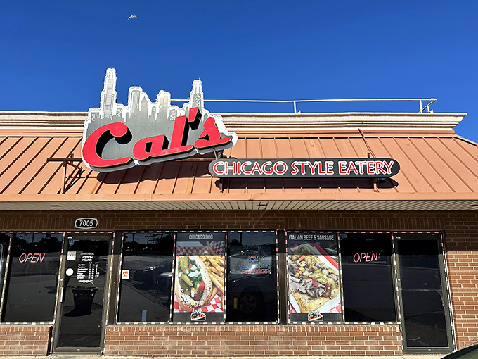 The bright red "Cal's" sign beckons like a lighthouse for the hungry, promising Chicago flavors in the heart of Oklahoma City.
