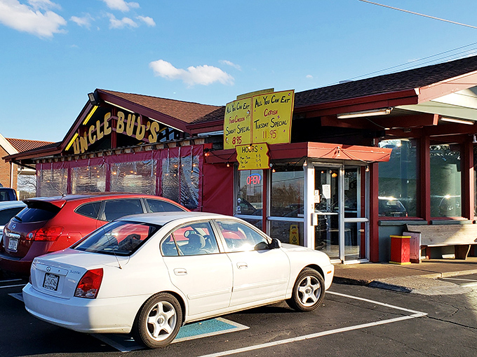 The unassuming exterior of Uncle Bud's might not win architectural awards, but that yellow sign promises treasures that fancy facades can't deliver.