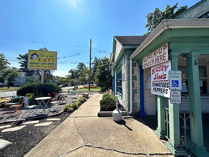 The mint-green and blue exterior of Shut Up and Eat beckons like a colorful oasis of comfort food in Toms River. 