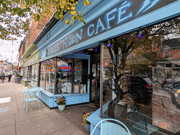 The bright blue storefront of Blue Moon Too stands out like a sapphire in Baltimore's Federal Hill, promising breakfast magic inside this tiny culinary gem.