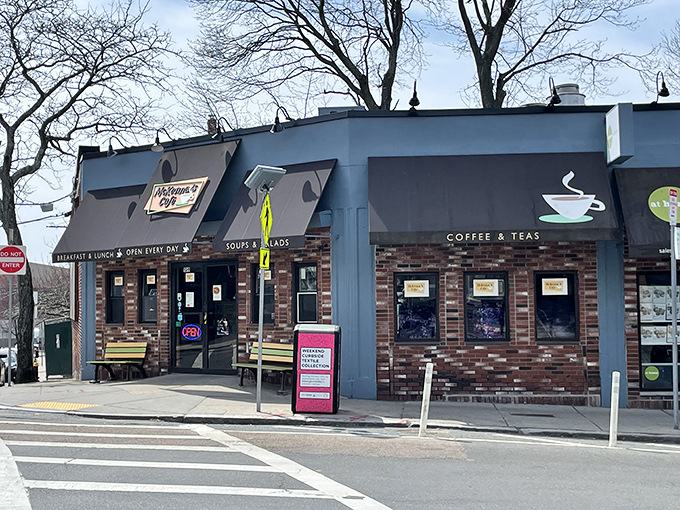 The modest brick exterior of McKenna's Cafe belies the breakfast paradise within. Yellow benches stand ready for hungry patrons awaiting their French toast fix.