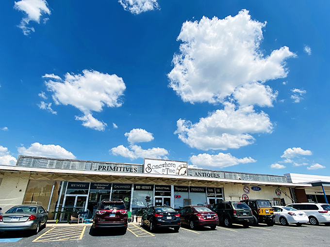 Under Arkansas blue skies, Somewhere In Time Antique Mall stands like a portal to the past, inviting treasure hunters with its unassuming charm.